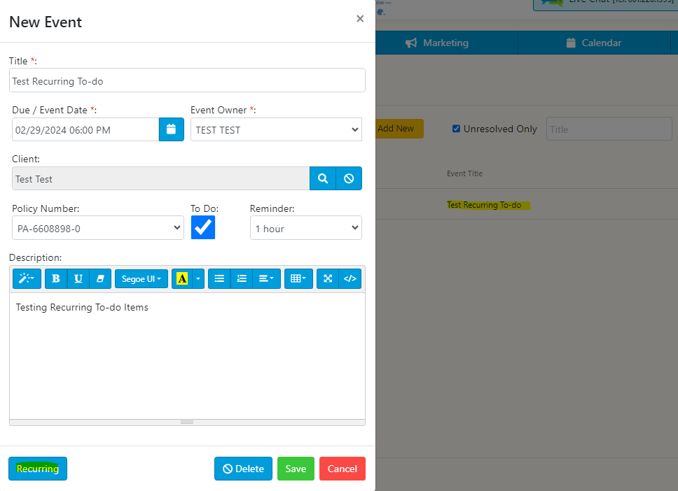 How to Create a Recurring To-Do item – Quomation Insurance Services